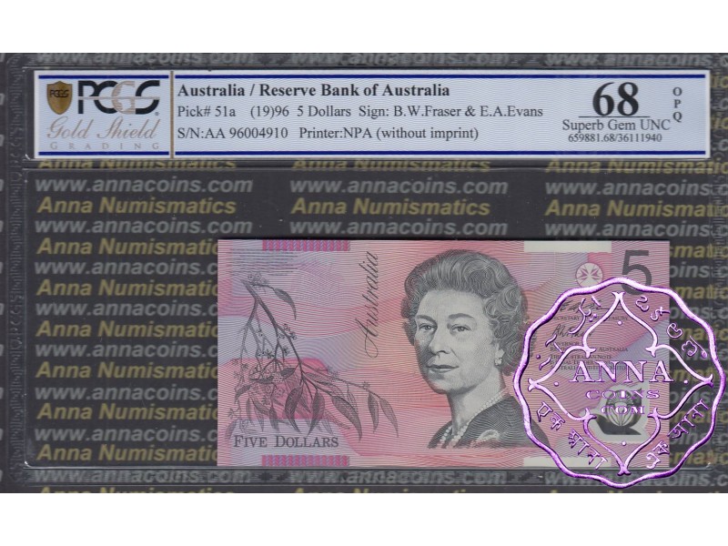 1996 $5 AA96 Fraser/Evans PCGS 68 OPQ